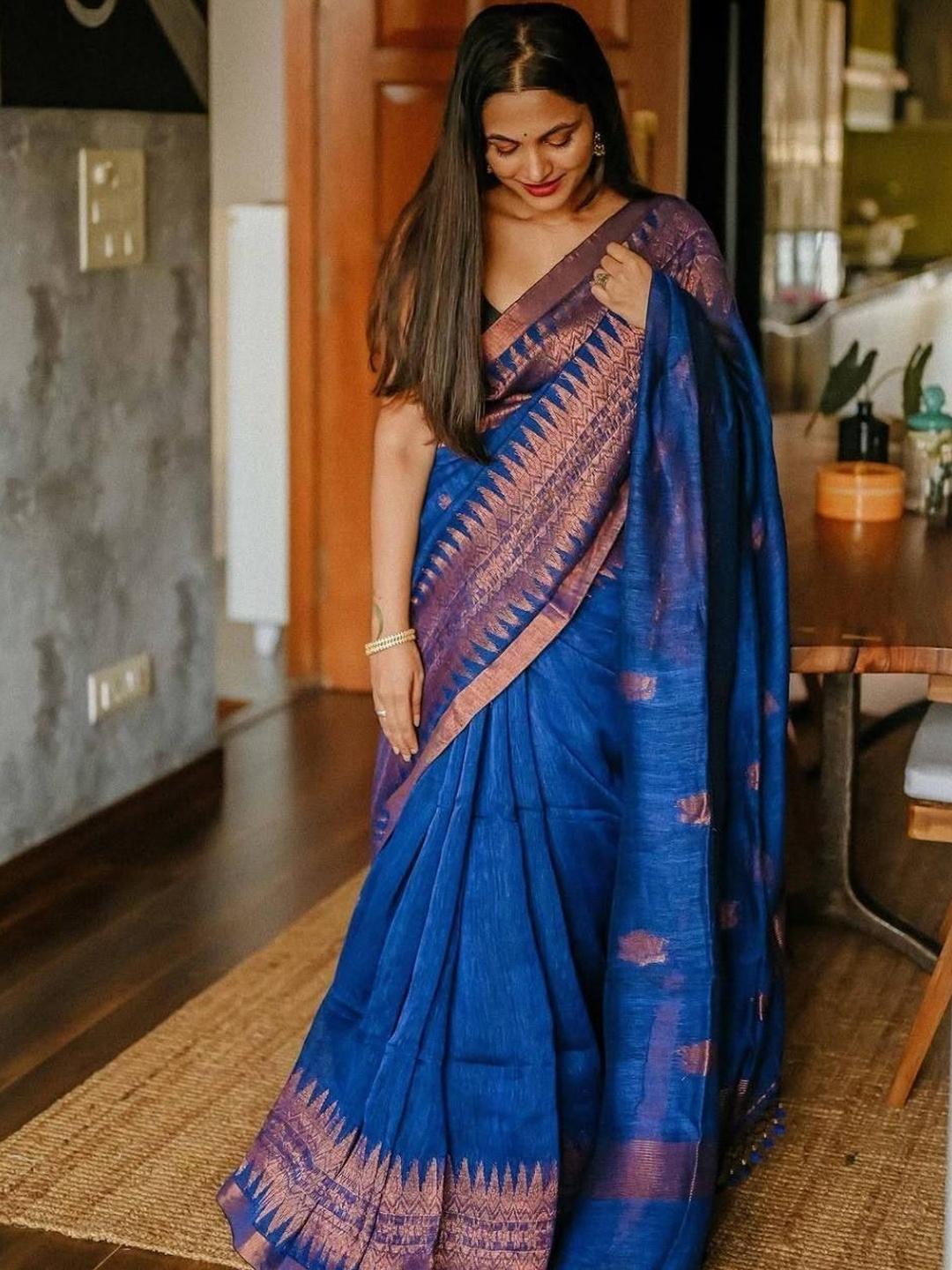 Buy ZARA STAR Woven Design Linen Blend Ikat Saree - Sarees for Women ...