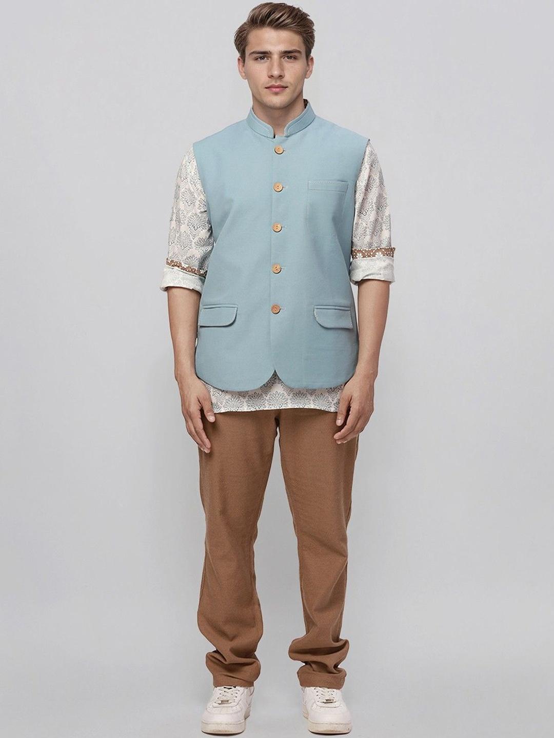 Buy Ethnix By Raymond Men Pure Cotton Mandarin Collar Neck Woven Nehru ...