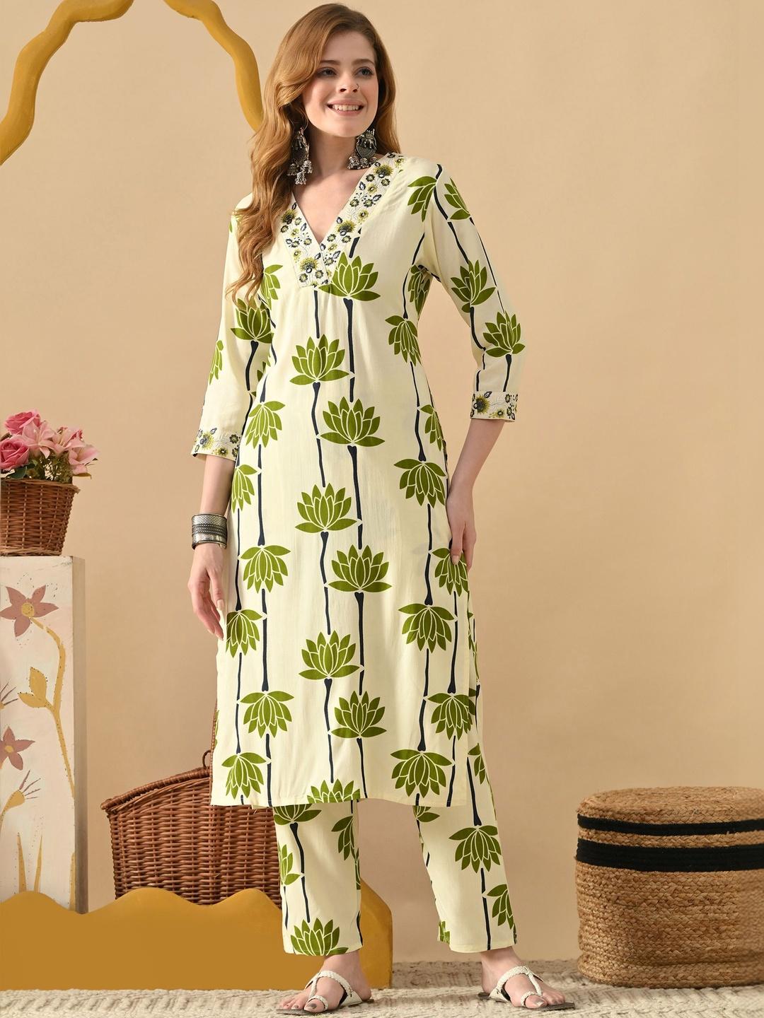 Buy KJFAB Women Floral Printed Regular Pure Cotton Kurta With Trousers ...