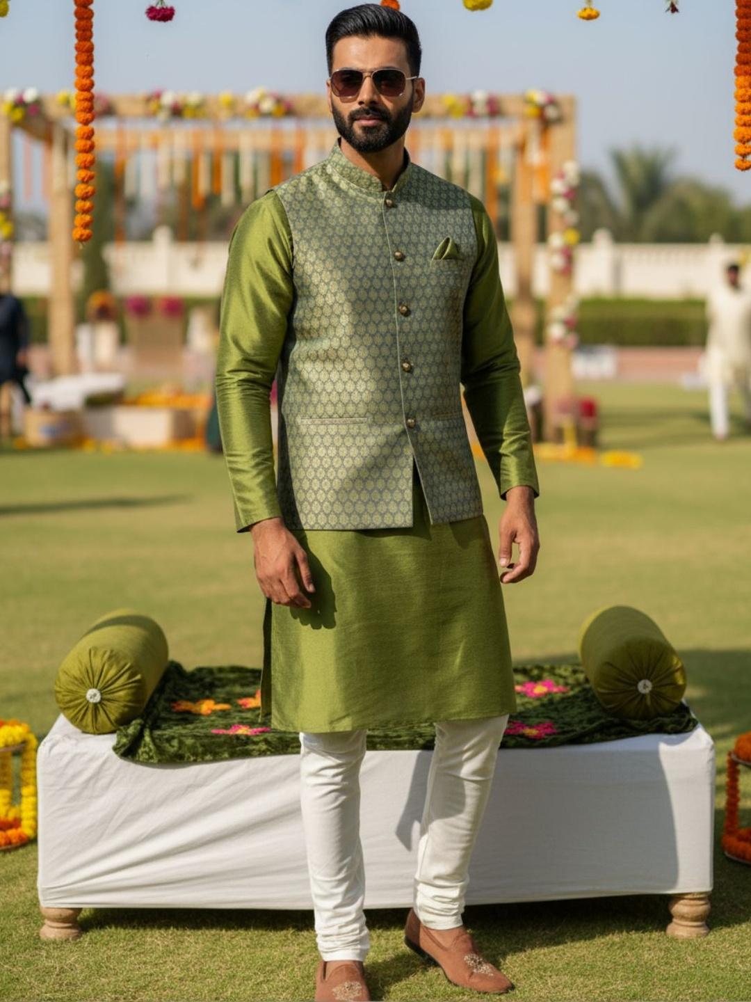 Buy KISAH Men Geometric Kurta Nehru Jacket Churidar Set - Kurta Sets ...