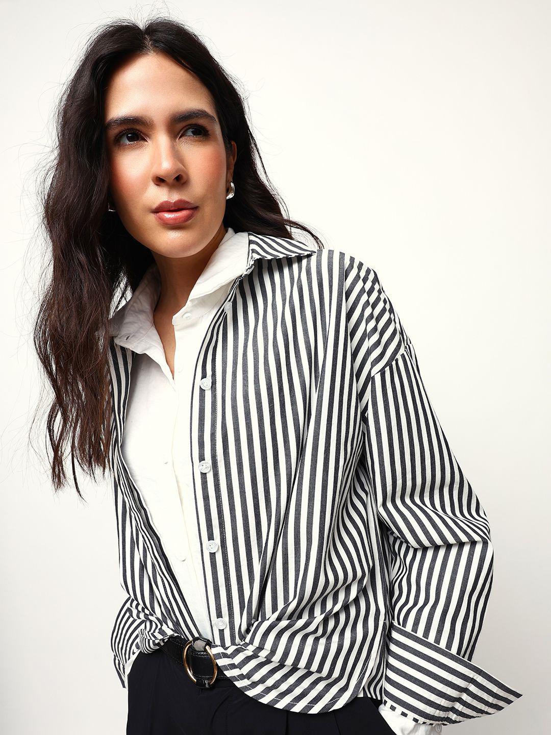Buy DL Woman Striped Spread Collar Pure Cotton Oversized Casual Shirt ...