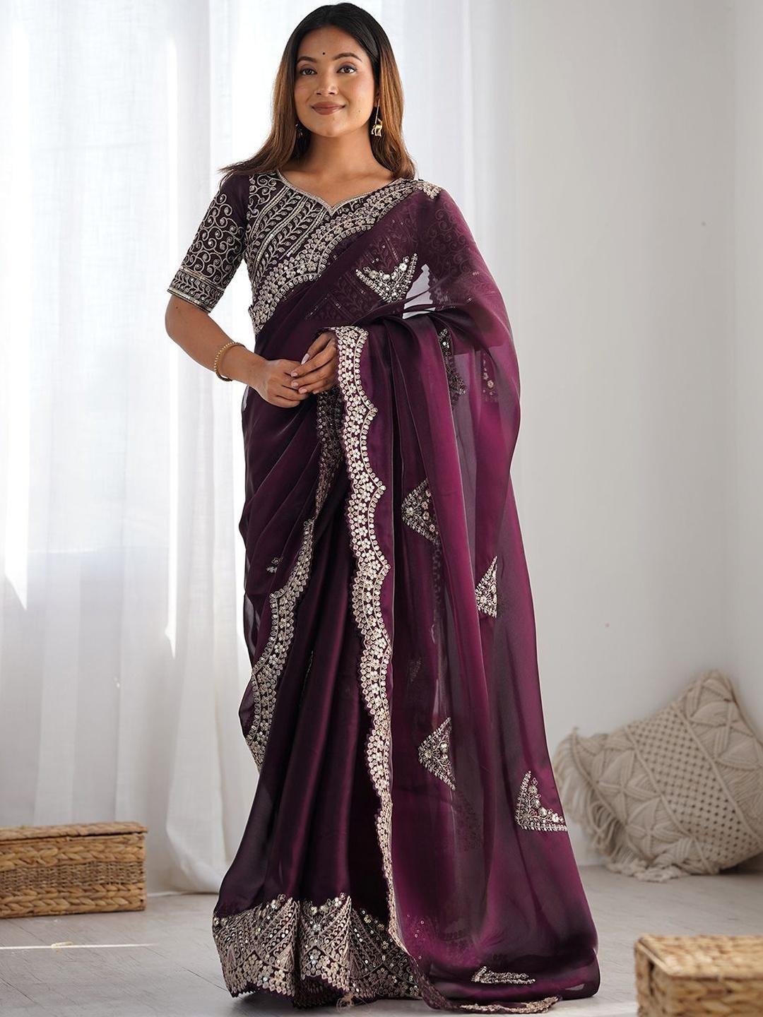 Buy GEN Z TRENDS Embellished Sequinned Organza Heavy Work Saree ...