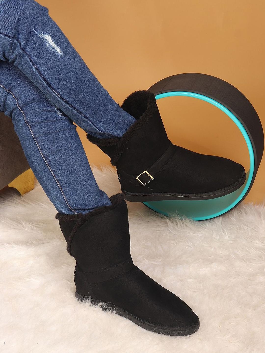 Buy Carlton London Women Mid Top Round Toe Winter Boots With Buckle ...