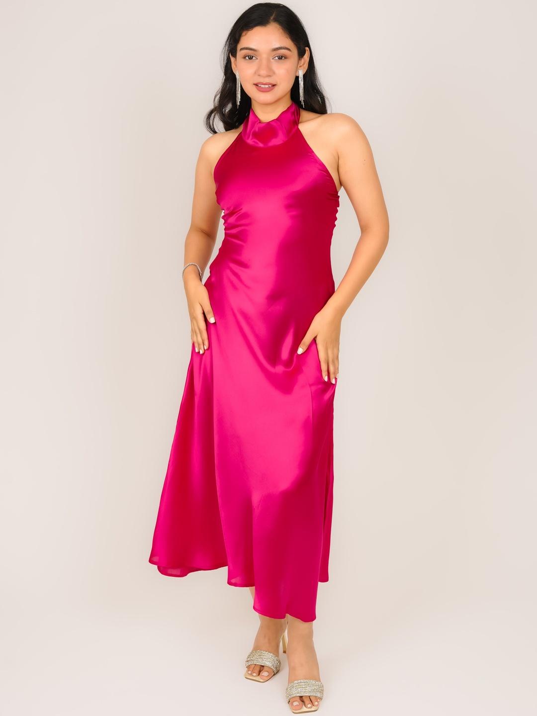 Buy MONOMEE Halter Neck Satin A Line Midi Dress - Dresses for Women ...