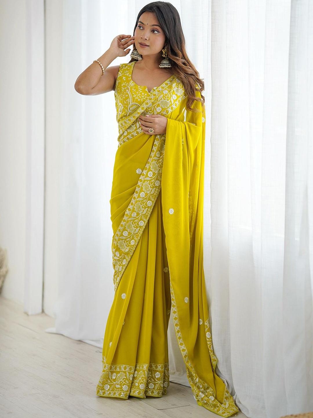 Buy Satrani Floral Embroidered Pure Georgette Heavy Work Saree - Sarees ...
