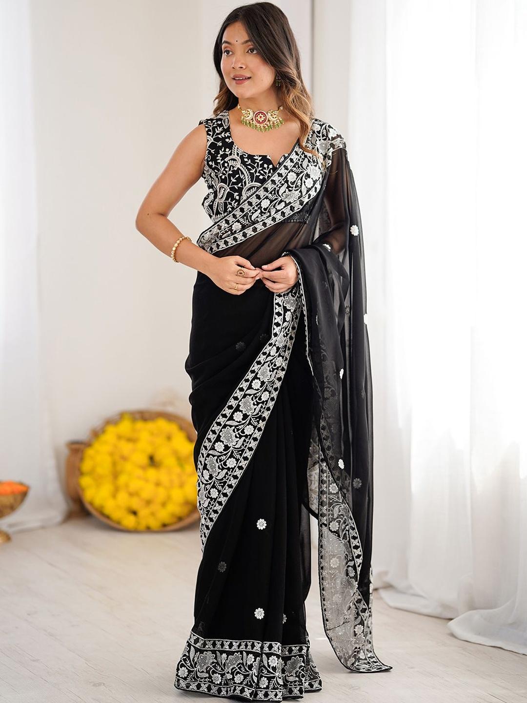 Buy Satrani Floral Embroidered Pure Georgette Heavy Work Saree - Sarees ...