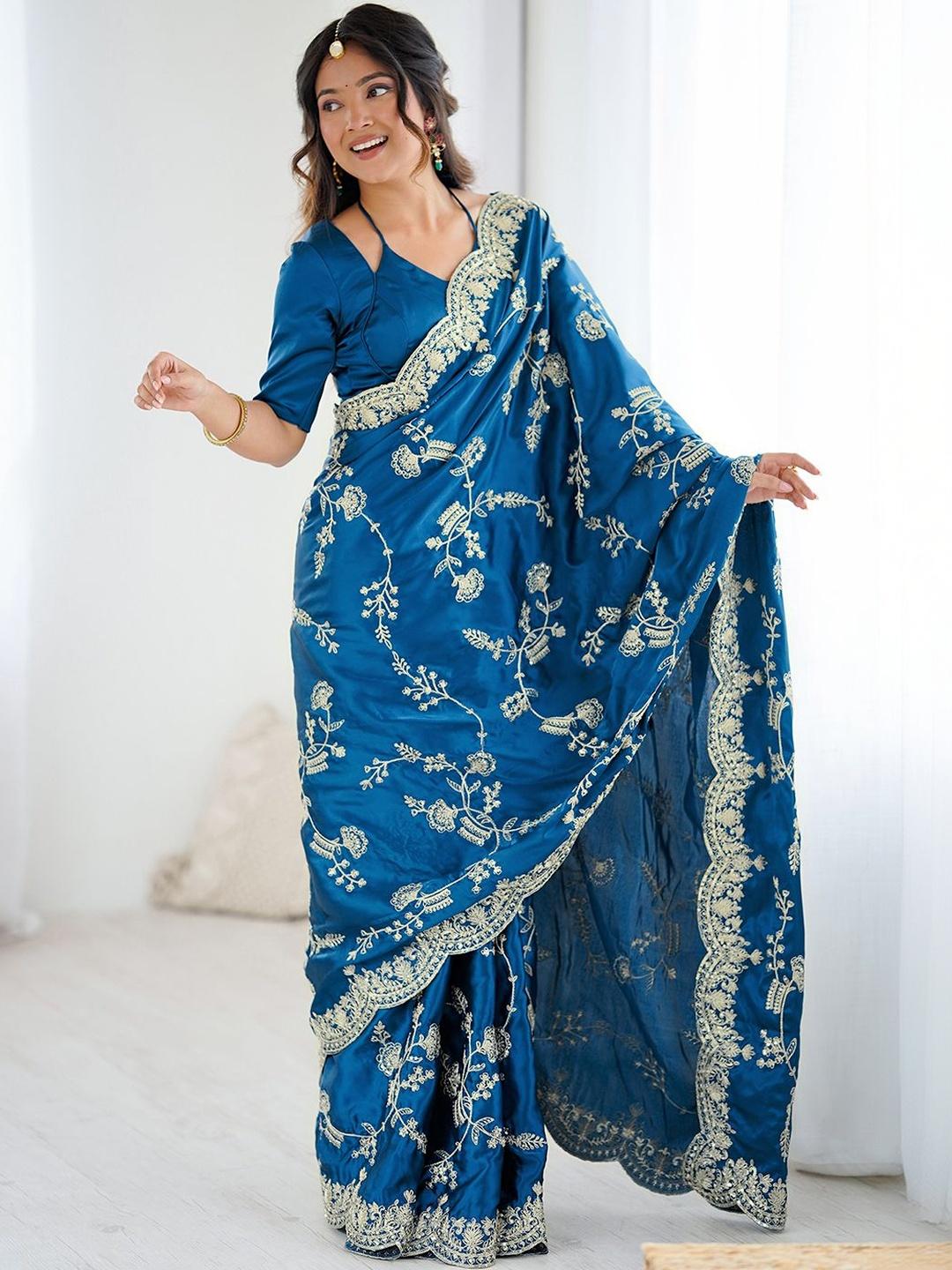 Buy Satrani Floral Embroidered Satin Heavy Work Saree - Sarees for ...