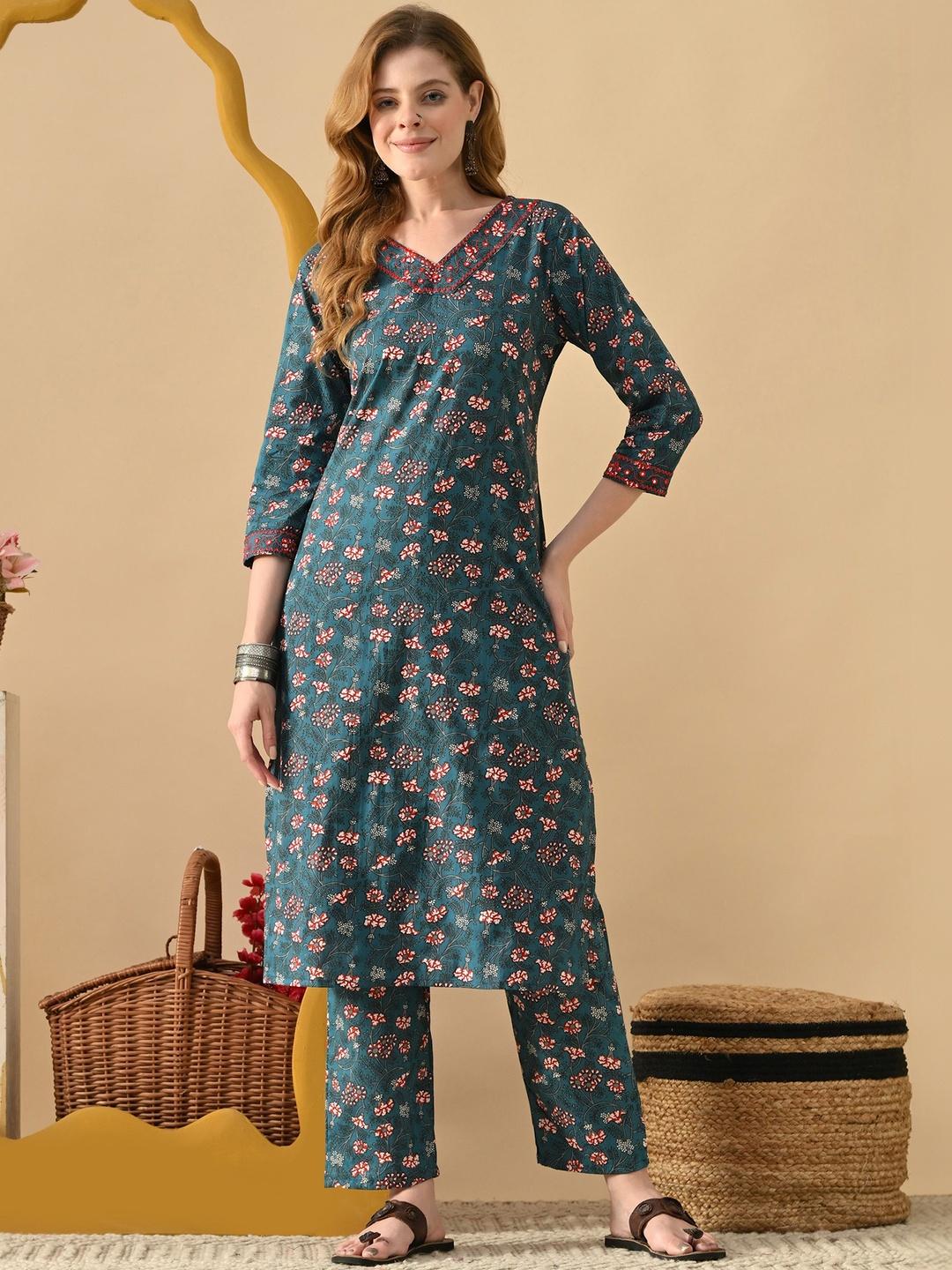 Buy KJFAB Women Floral Printed Regular Thread Work Pure Cotton Kurta ...