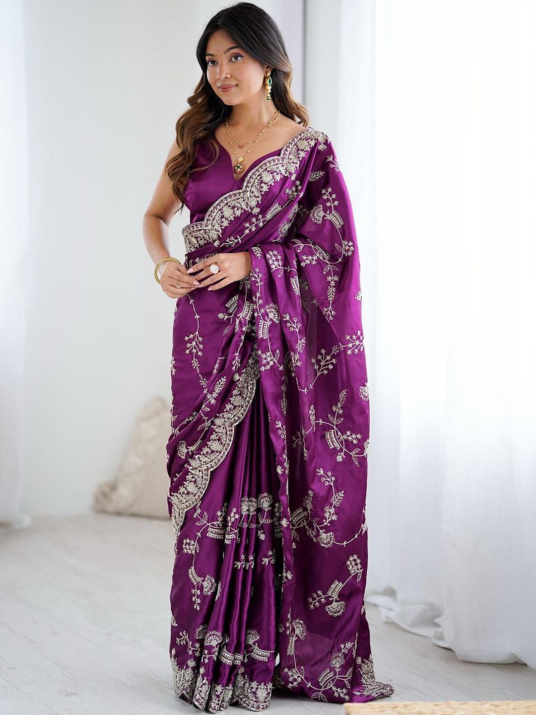 Buy Satrani Floral Embroidered Satin Heavy Work Saree - Sarees for ...