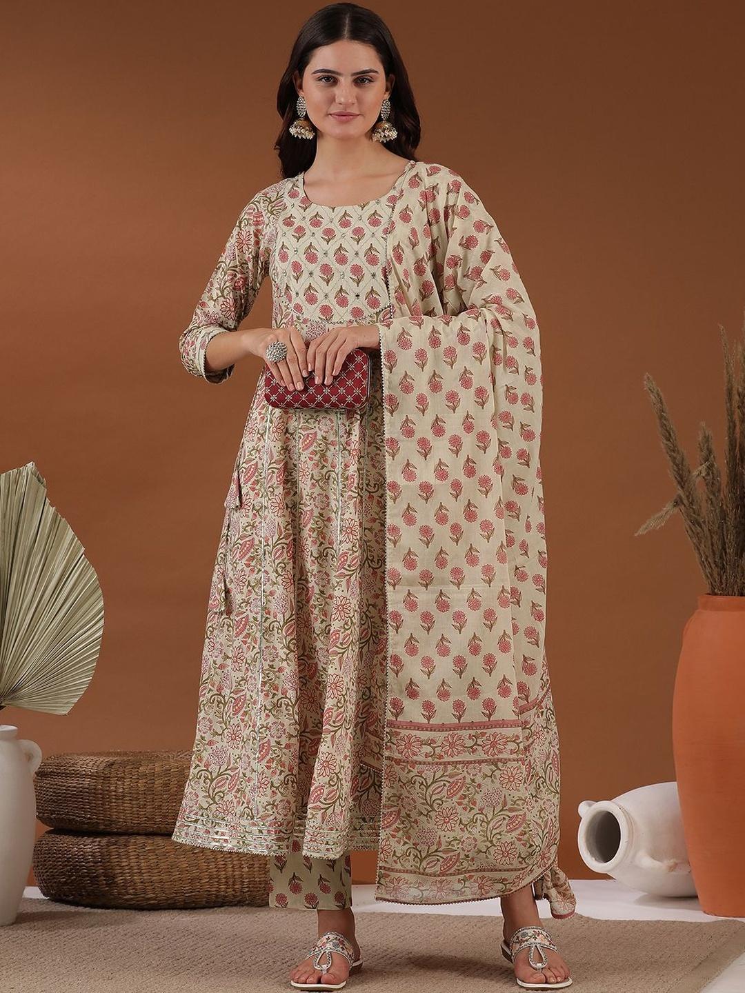 Buy Inddus Women Floral Printed Regular Mirror Work Kurta With Trousers ...