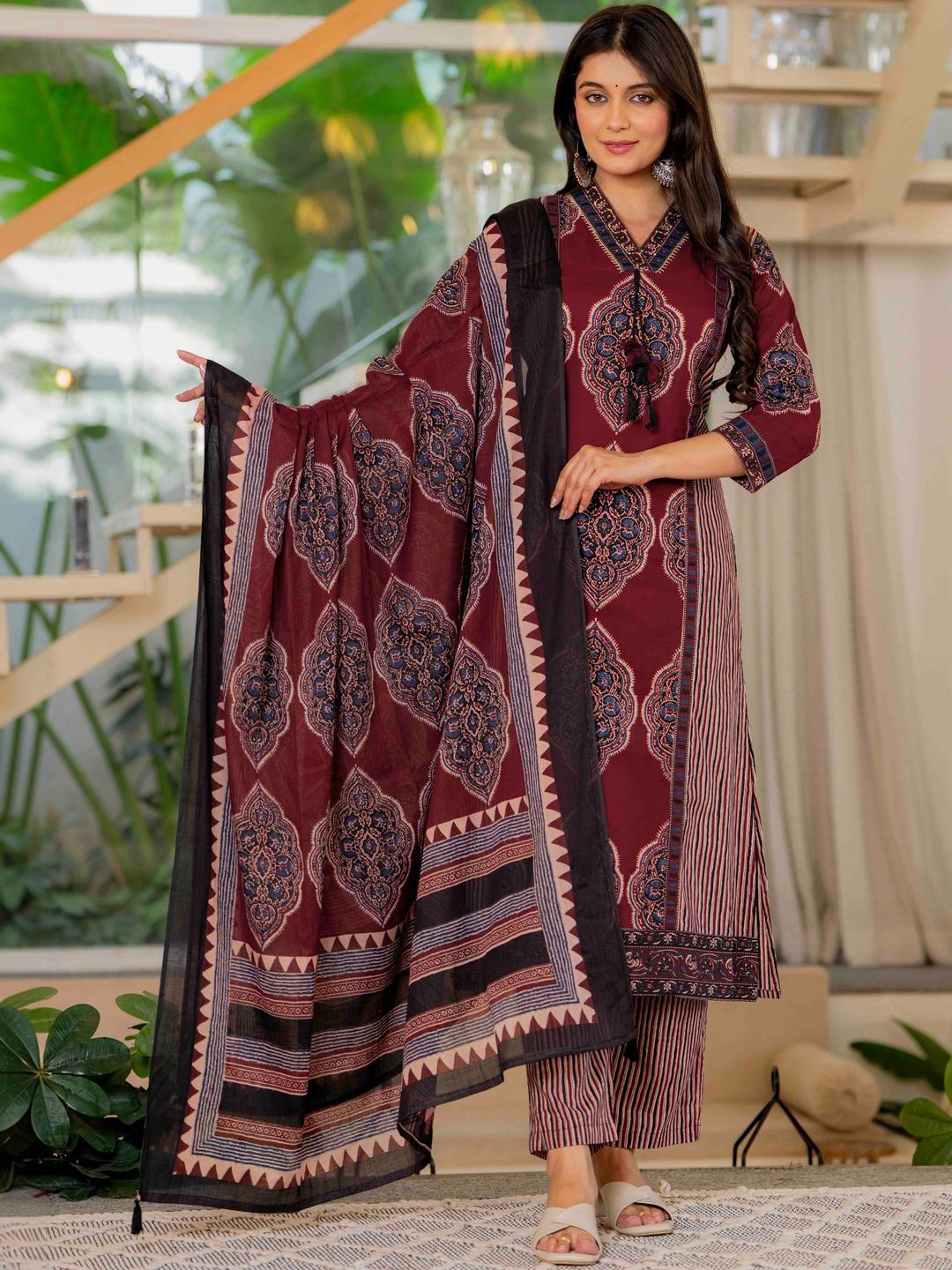 Buy Pistaa Women Ethnic Motifs Printed Regular Pure Cotton Kurta With ...