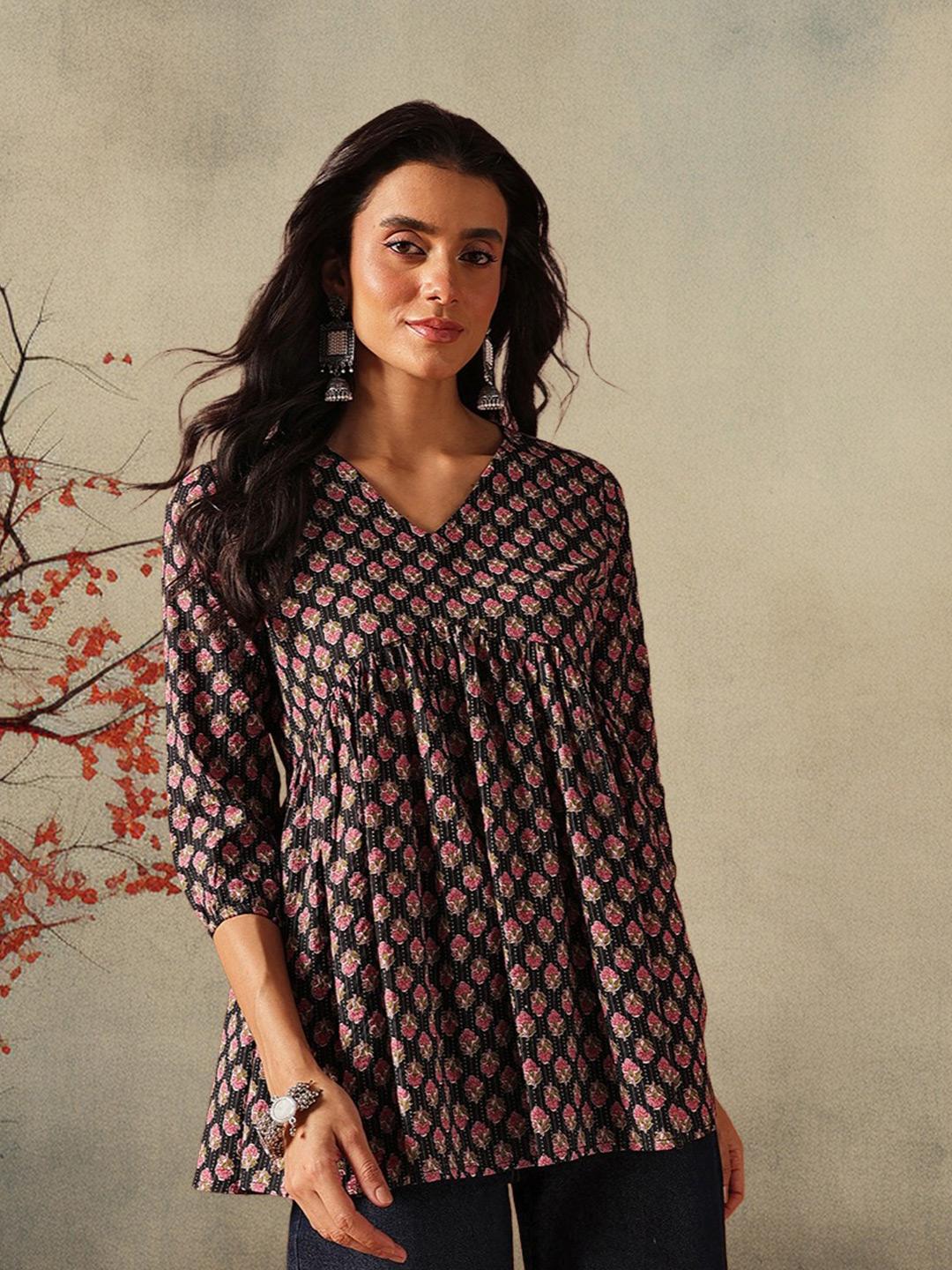 Buy FEMBLISS Women Ethnic Motifs Printed V Neck Embroidered Tunic ...