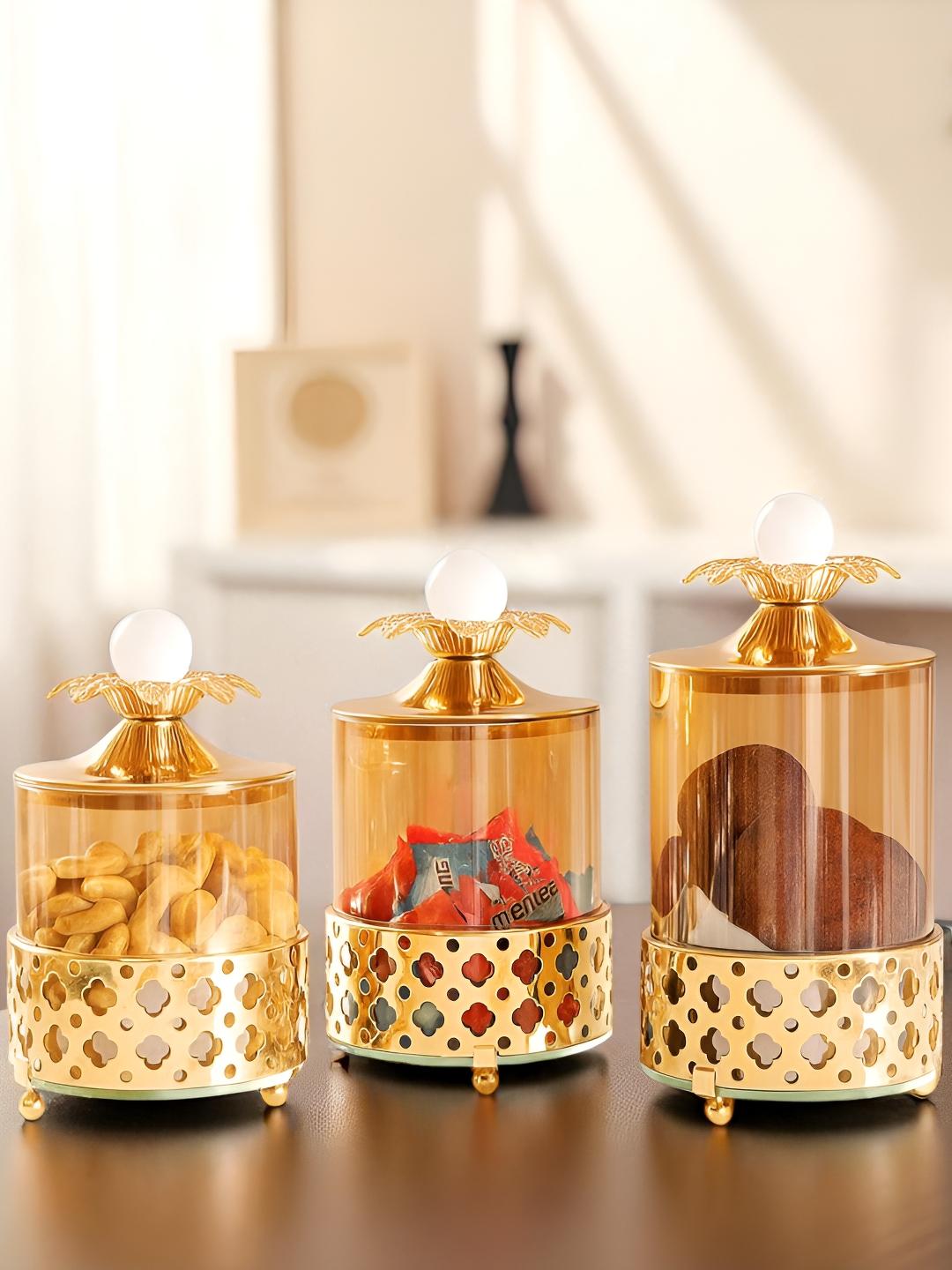 Buy AARVI DECOR STUDIO Gold Toned Textured 3 Pieces Flip Top Cylinder ...