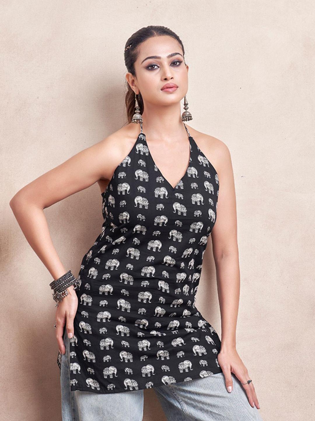 Buy Kaftanize Black & White Elephant Printed Halter Neck Pure Cotton ...