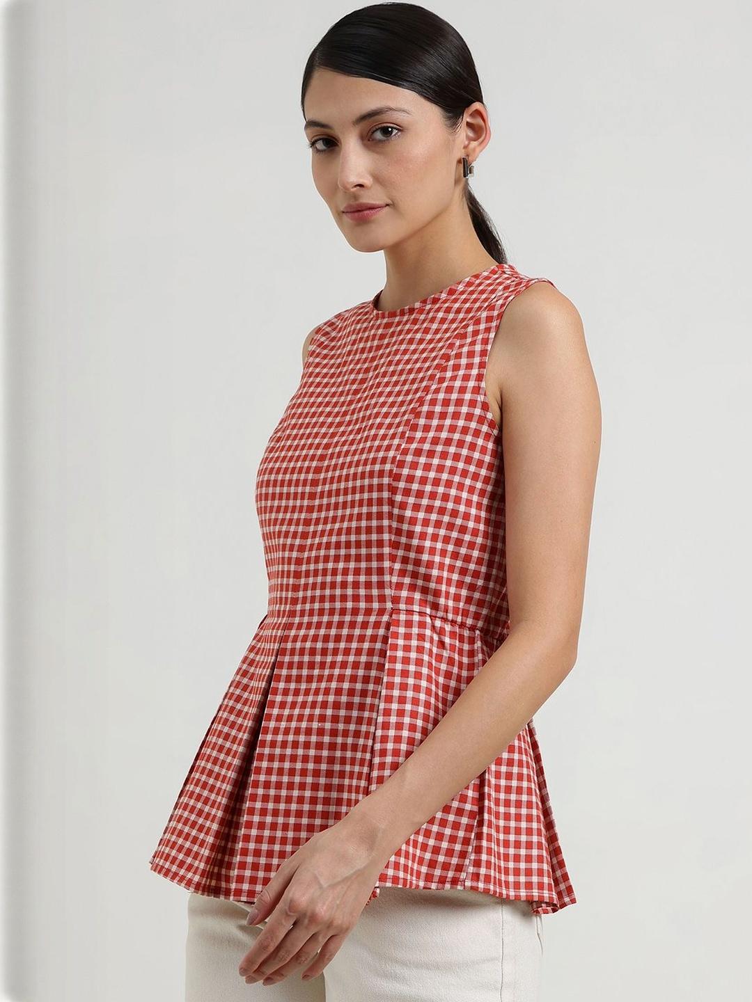 Buy FABLE STREET Women Checked Round Neck Cotton Peplum Top - Tops for ...