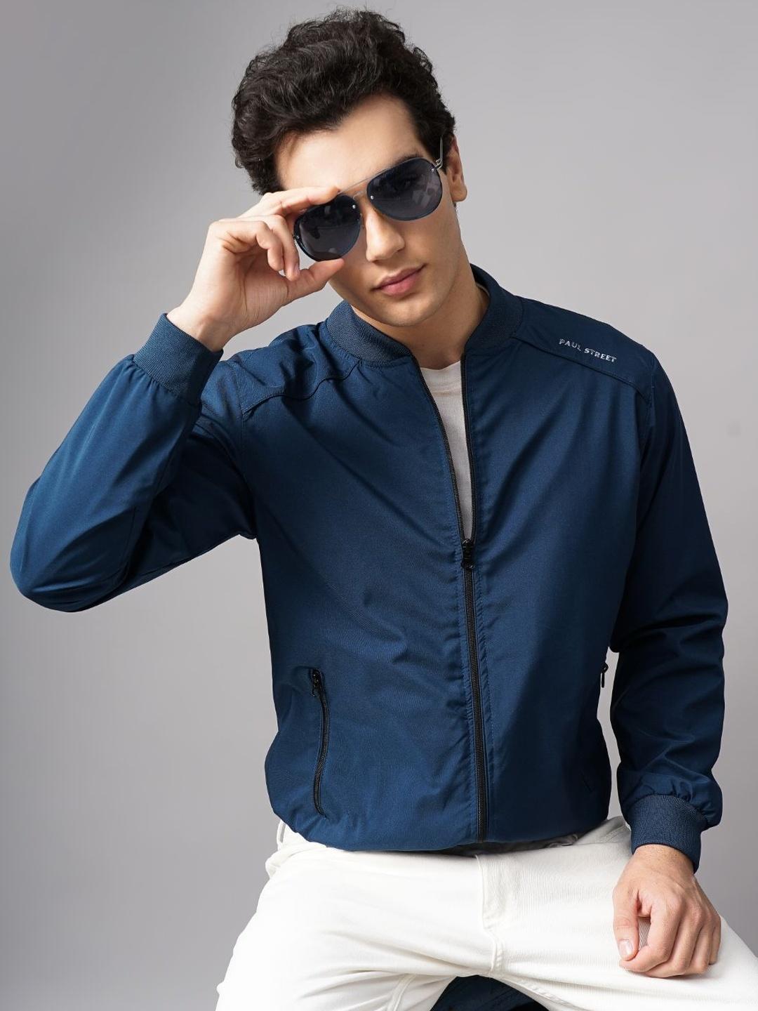 Buy PAUL STREET Men Mock Collar Solid Water Resistant Bomber Jacket ...
