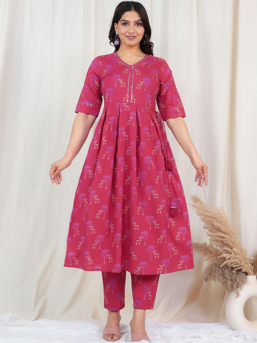 Buy Aramya Ethnic Motifs Printed V Neck Pure Cotton Anarkali Kurta With ...