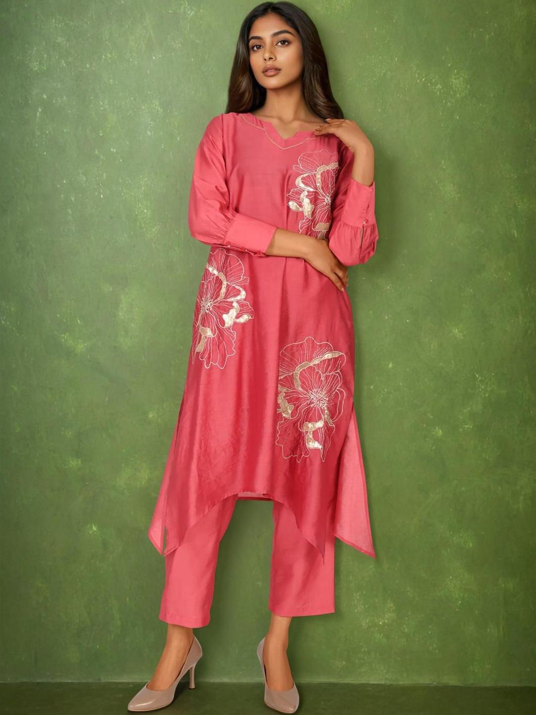 Buy Dora Dori Embroidered Notch Neck Chanderi Tunic With Trousers - Co ...