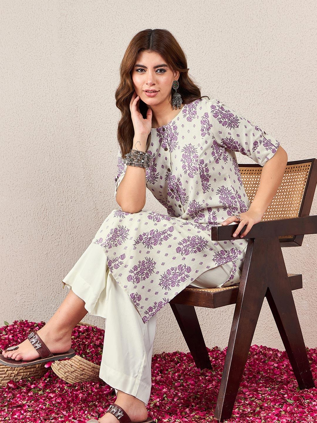 Buy Skylee Pop Floral Printed Round Neck Cotton Straight Kurtas ...