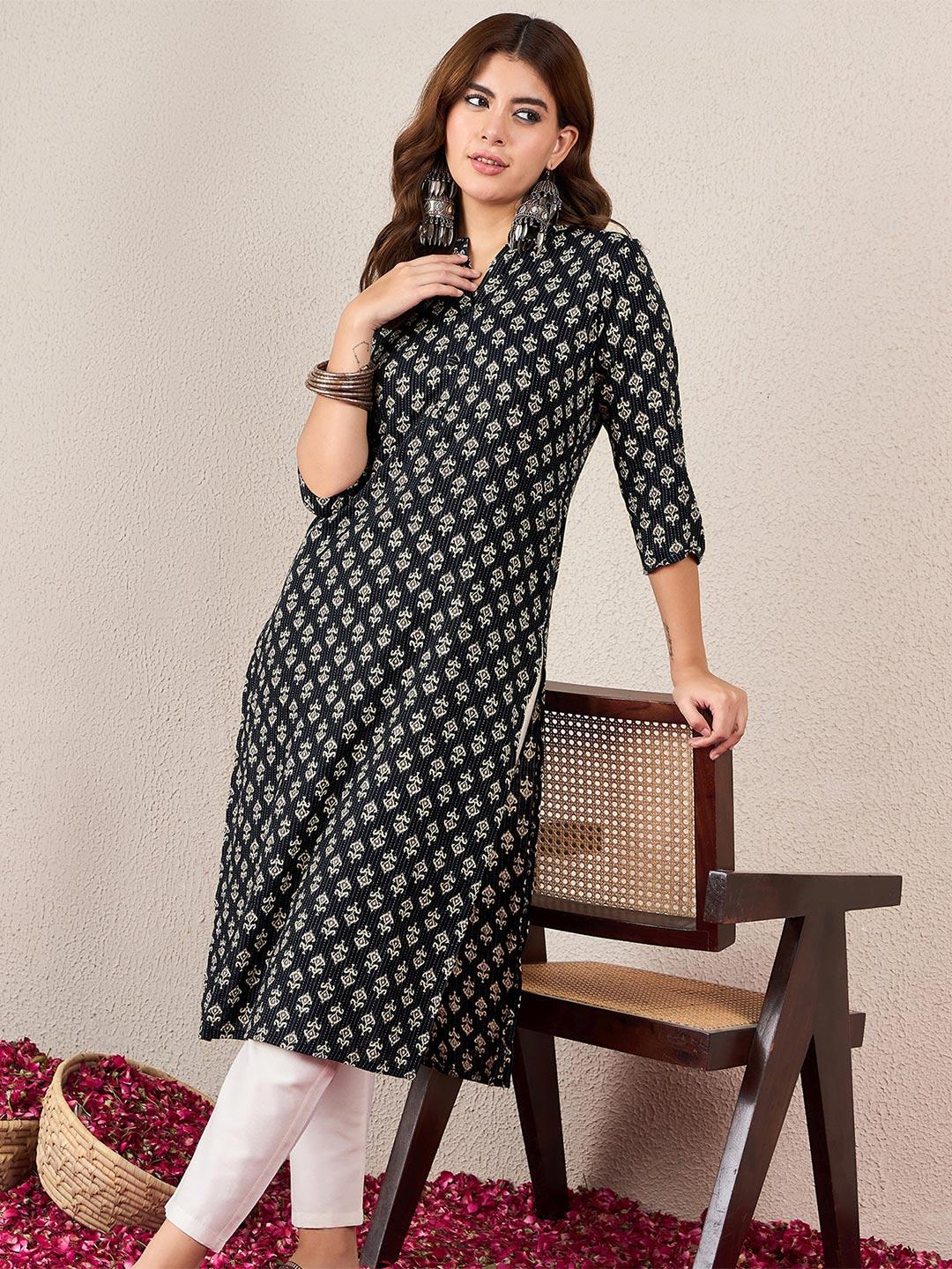 Buy Skylee Pop Floral Printed Mandarin Collar Straight Kurta - Kurtas ...