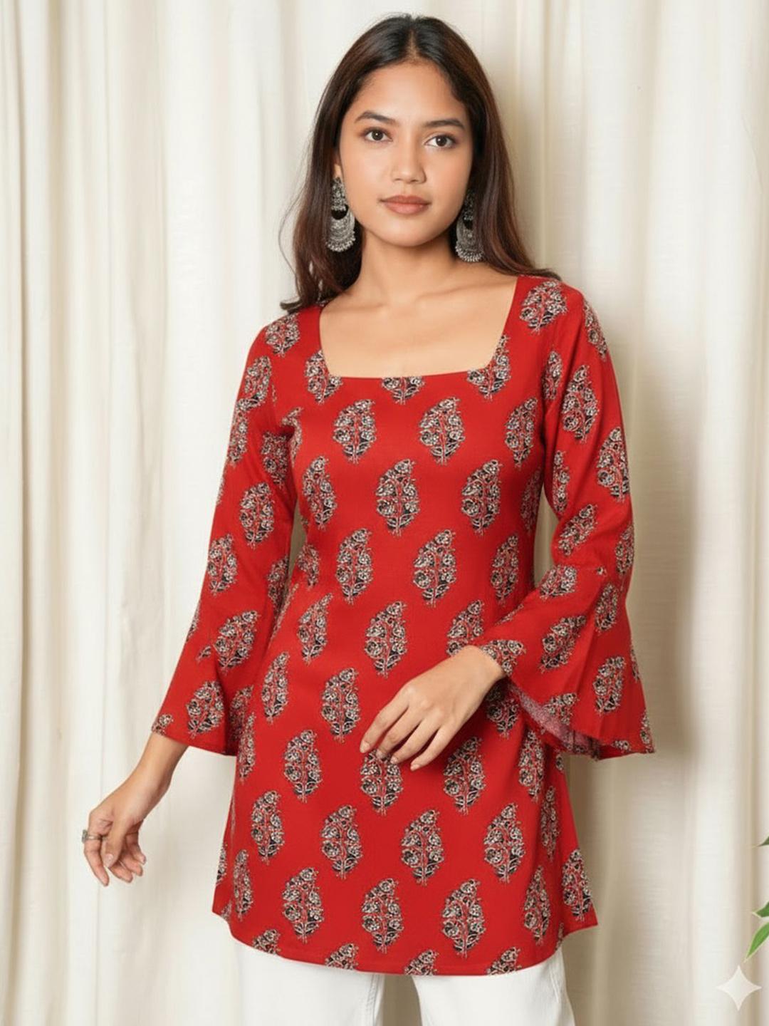 Buy SZN Floral Printed Square Neck Flared Sleeves Straight Kurti ...