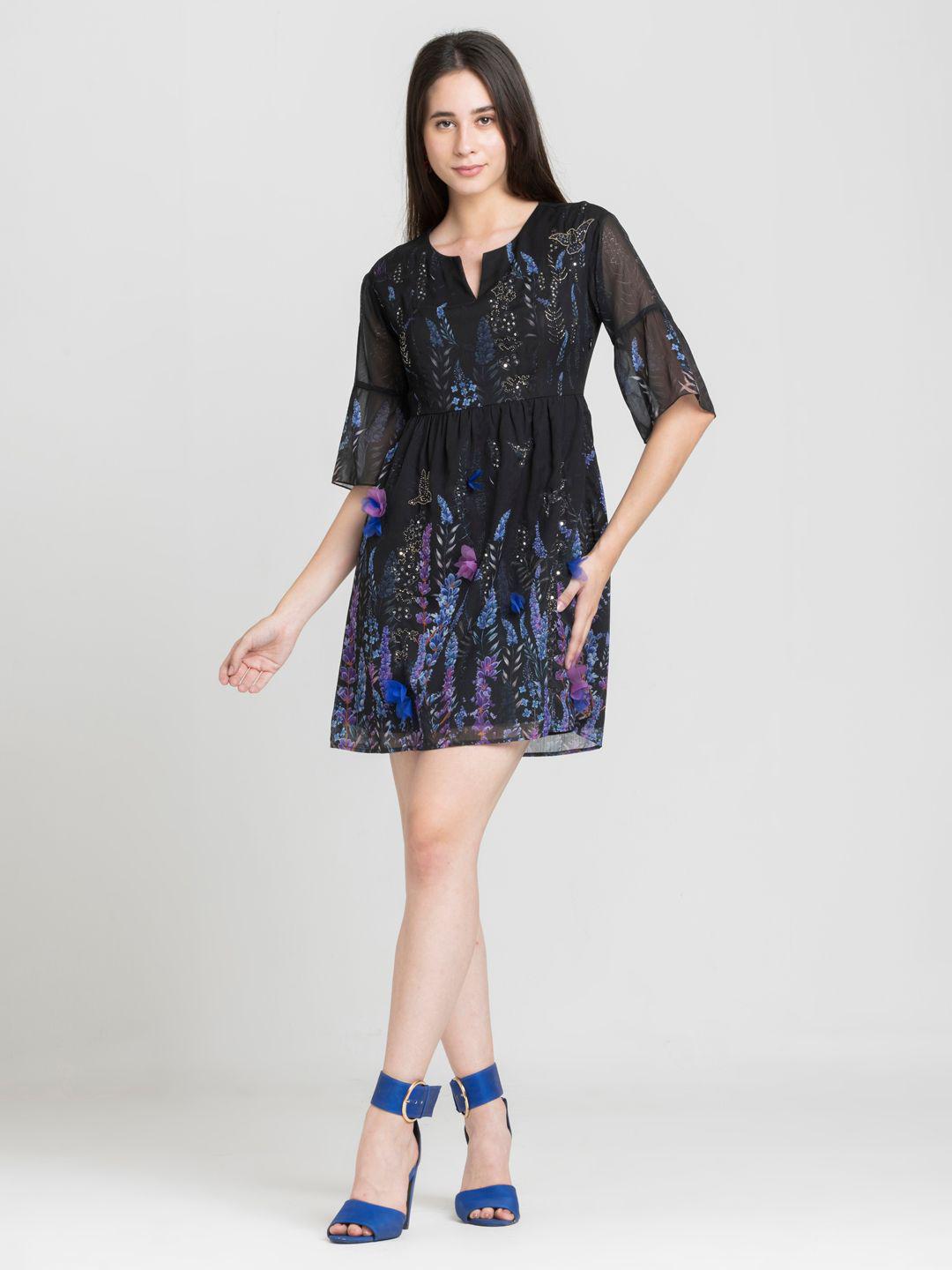 Buy SHAYE Floral Printed Embellished Bell Sleeves Chiffon Fit And Flare ...