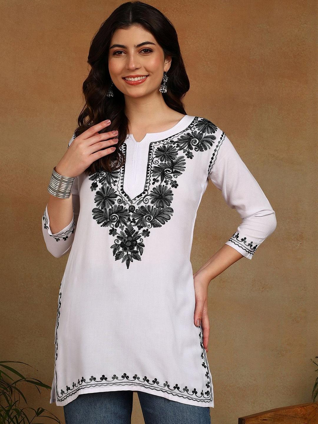 Buy TOP N THREAD Women's Floral Embroidered Liva Short Kurti With Aari ...