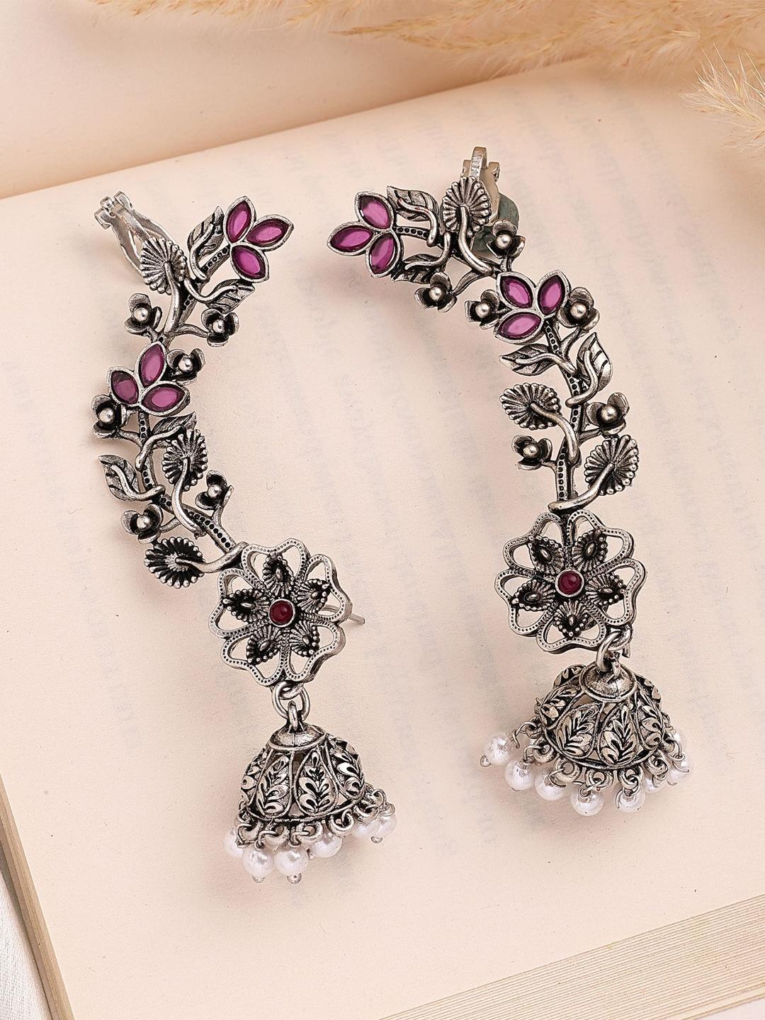 Buy KARATCART Silver Plated Floral Shaped Stones Studded Oxidised Ear ...