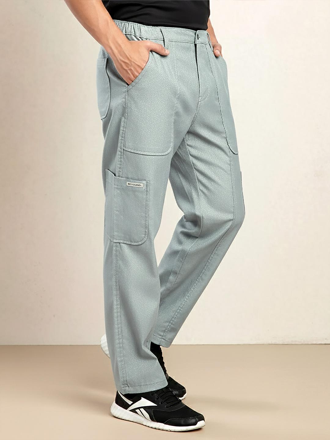 Buy Beyoung Men Pale Grey Side Elasticated Cotton Cargo Pants ...