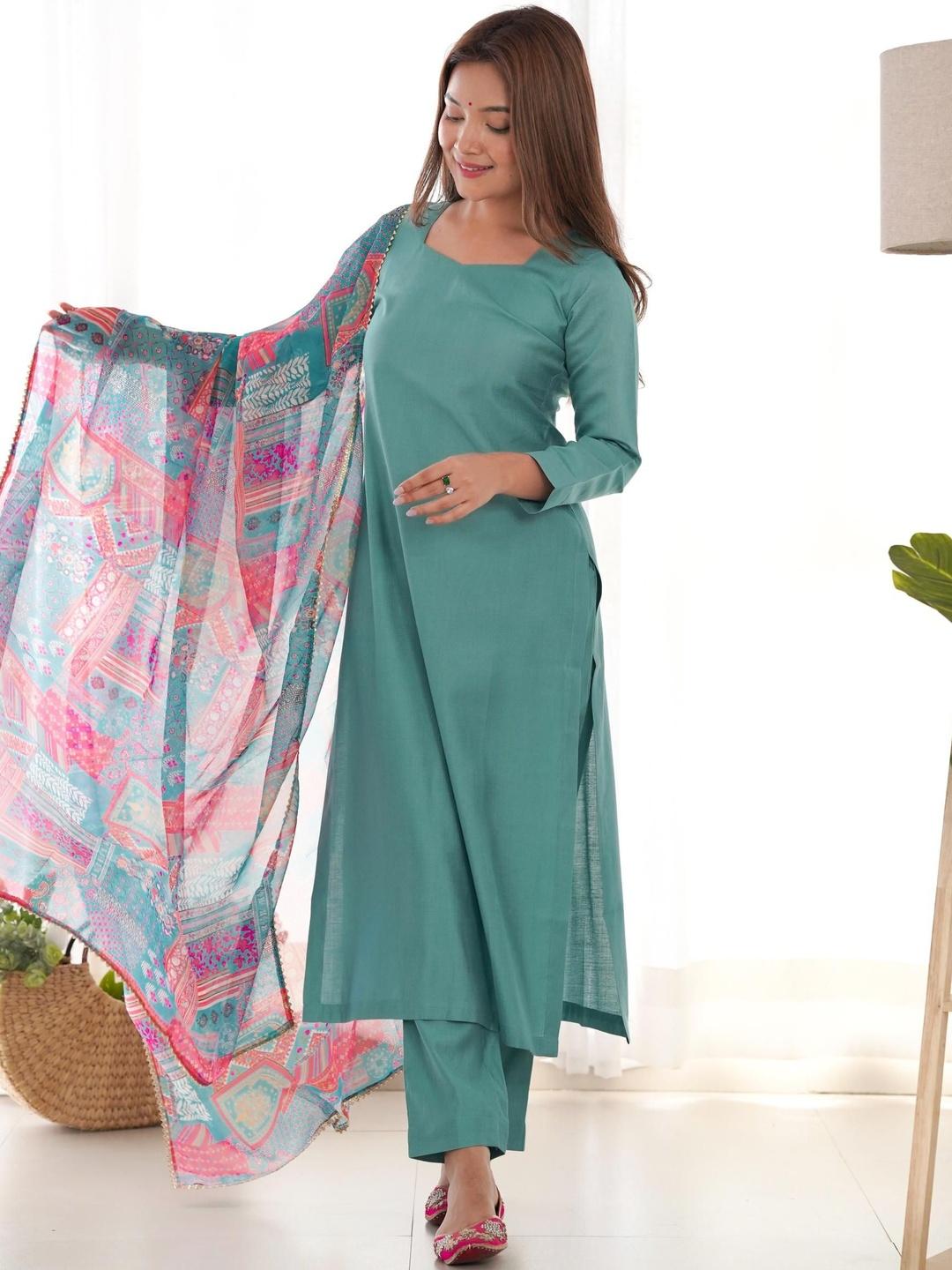 Buy THE52 Square Neck Straight Kurta With Trouser & Dupatta - Kurta ...