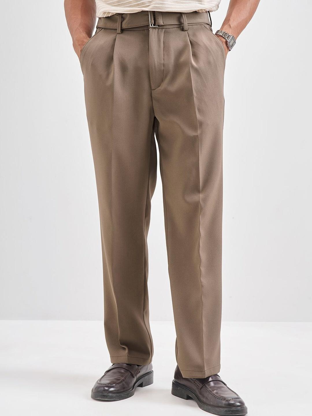Buy HIGHLANDER Men Mid Rise Relaxed Fit Belted Pleated Korean Pants ...