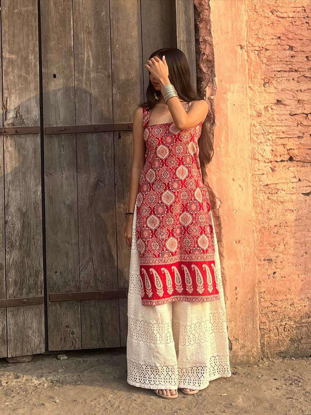 Buy KALINI Geometric Printed Shoulder Straps Kurta - Kurtas for Women ...