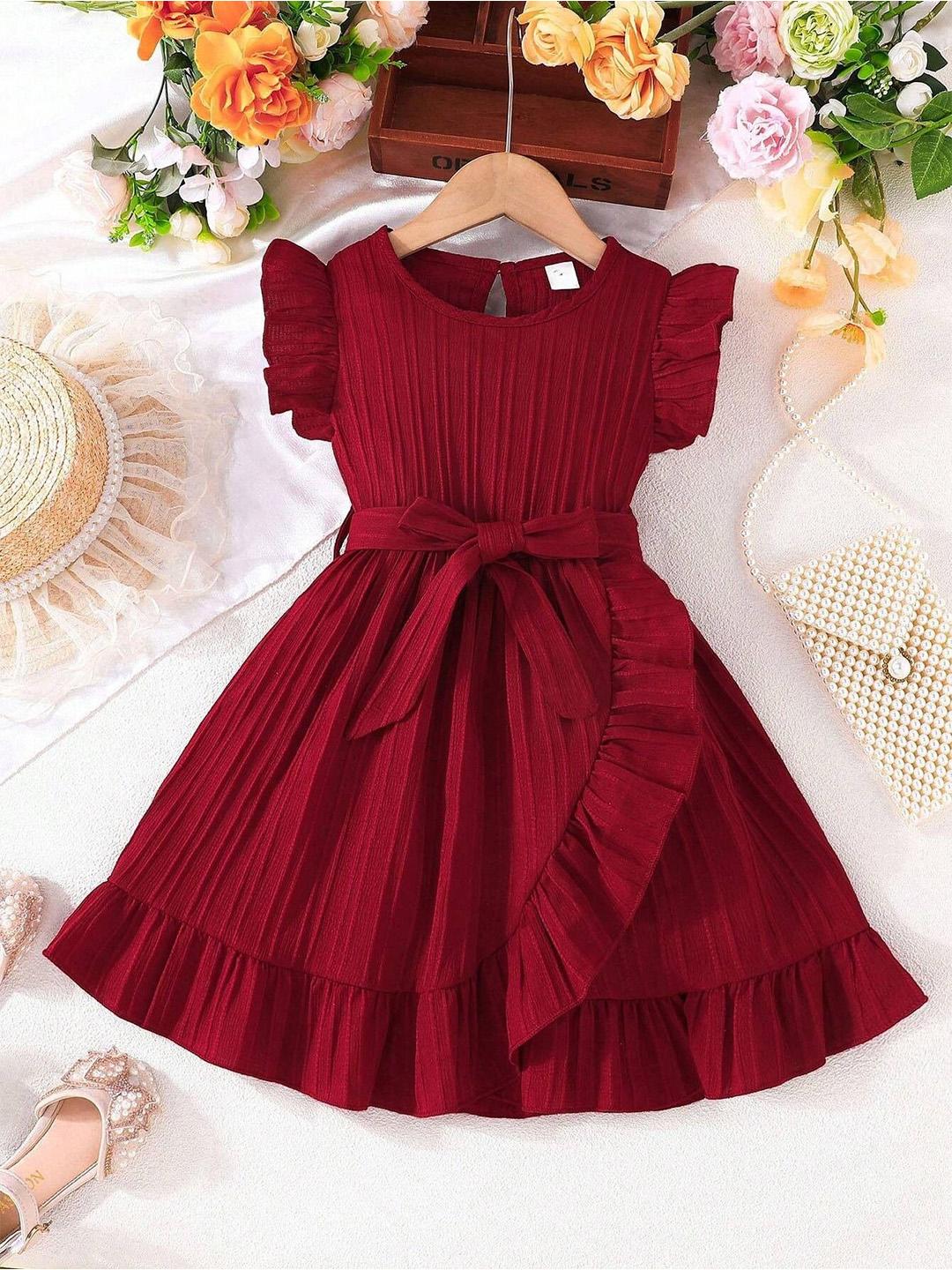 Buy YK Girls Flutter Sleeve Ruffled Cotton Fit & Flare Dress With Tie ...