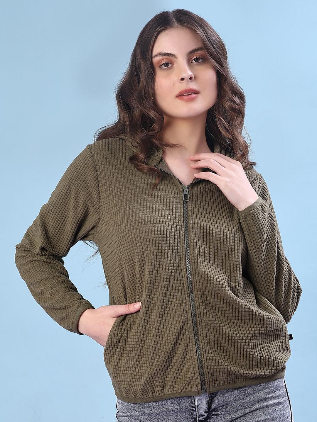 Buy V Mart Women Cotton Self Design Hooded Front Open Sweatshirt ...