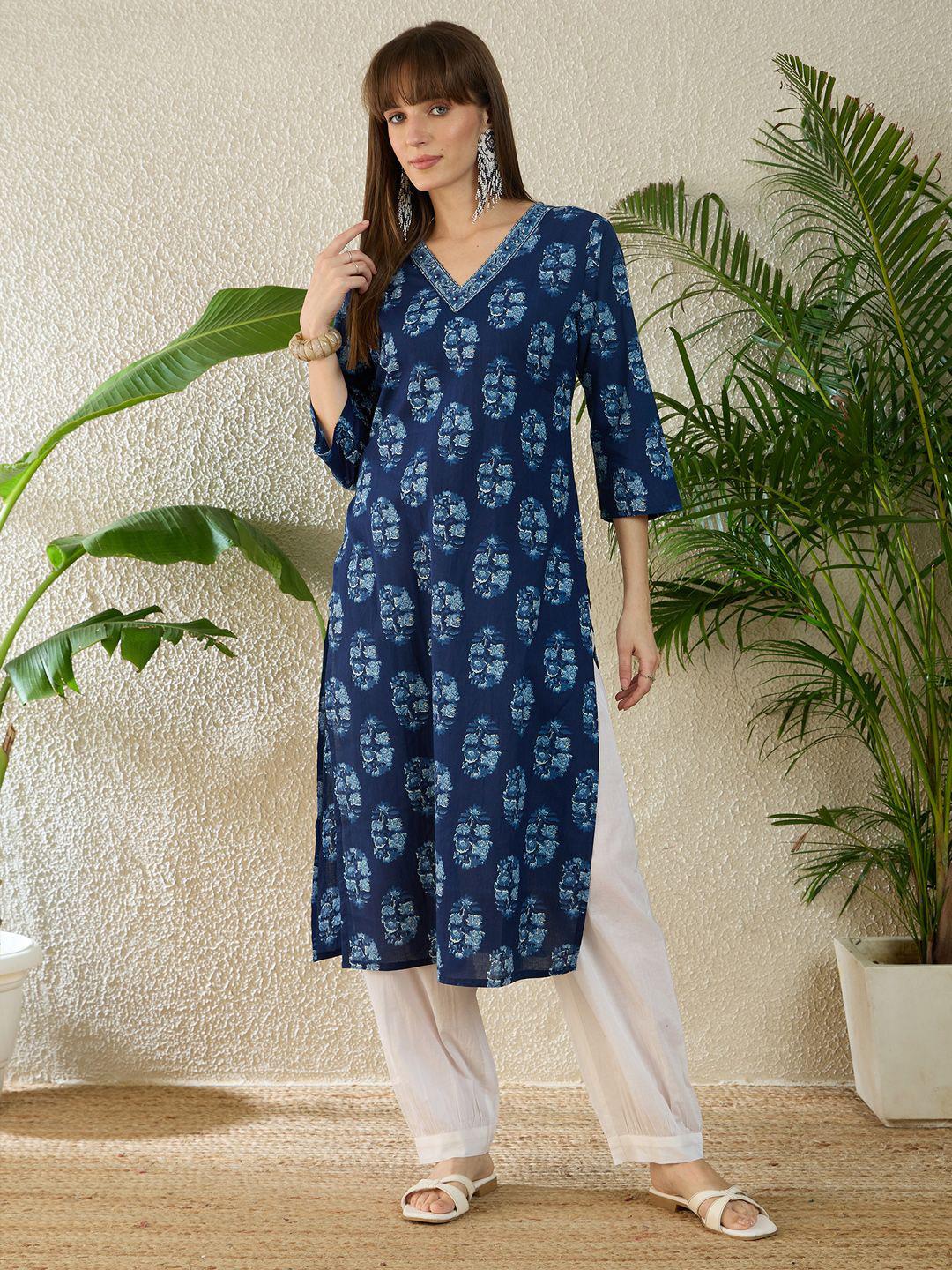 Buy Indo Era Women Floral Printed Sequinned Indigo Kurta - Kurtas for ...