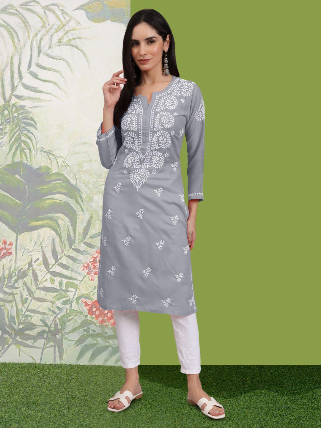 Buy PARAMOUNT CHIKAN Floral Embroidered Thread Work Notch Neck Straight ...