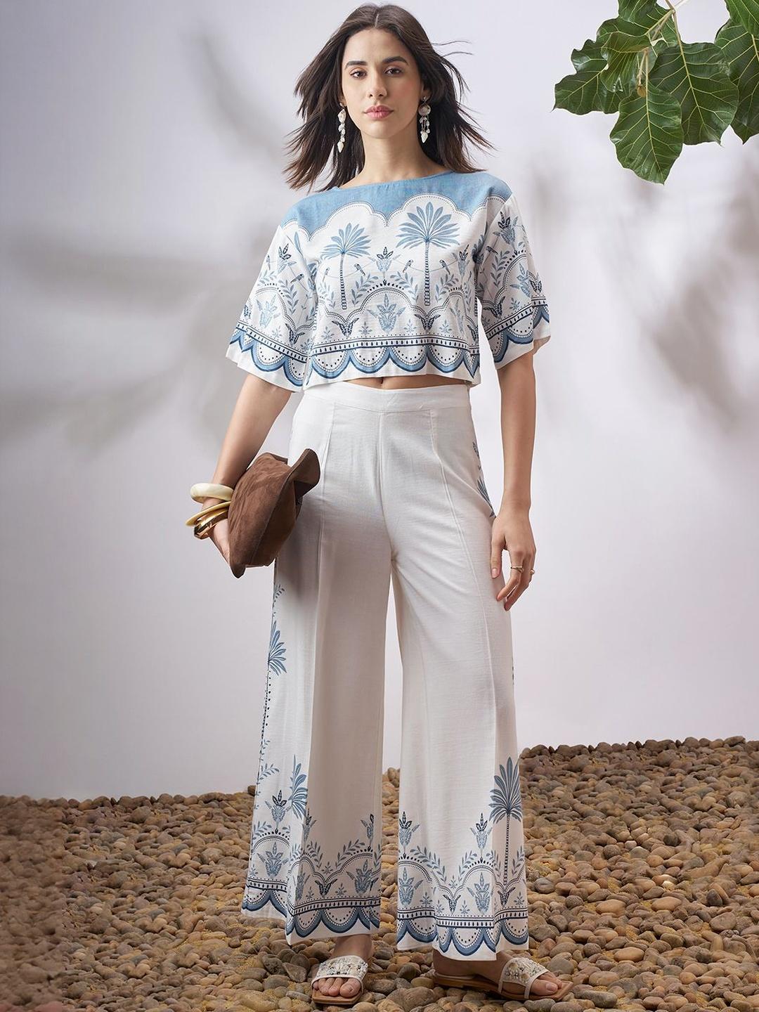 Buy Vara By Vishudh Printed Boat Neck Crop Top With Palazzos - Co Ords ...