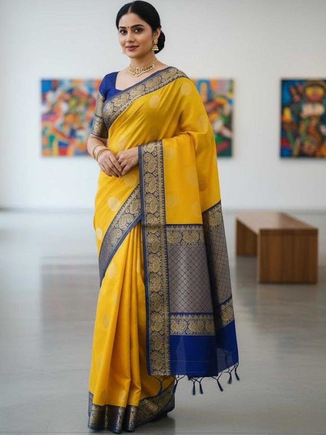 Buy Bindi Fashion Woven Design Zari Silk Blend Handloom Banarasi Saree ...