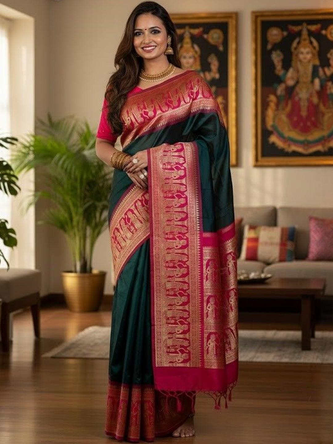 Buy Bindi Fashion Ethnic Motifs Zari Silk Blend Handloom Banarasi Saree ...