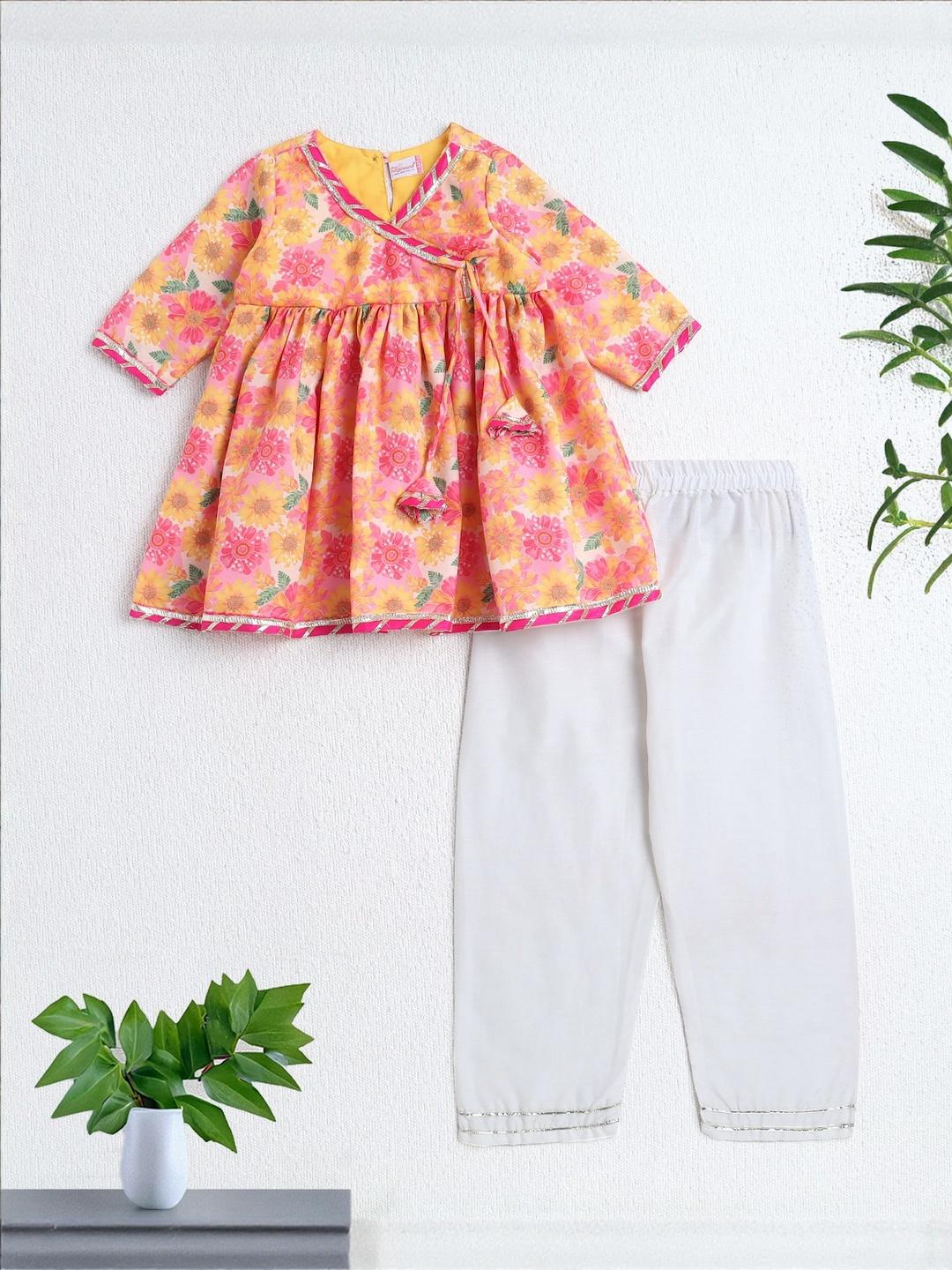 Buy The Magic Wand Girls Floral Printed Angrakha Kurti With Pyjamas ...