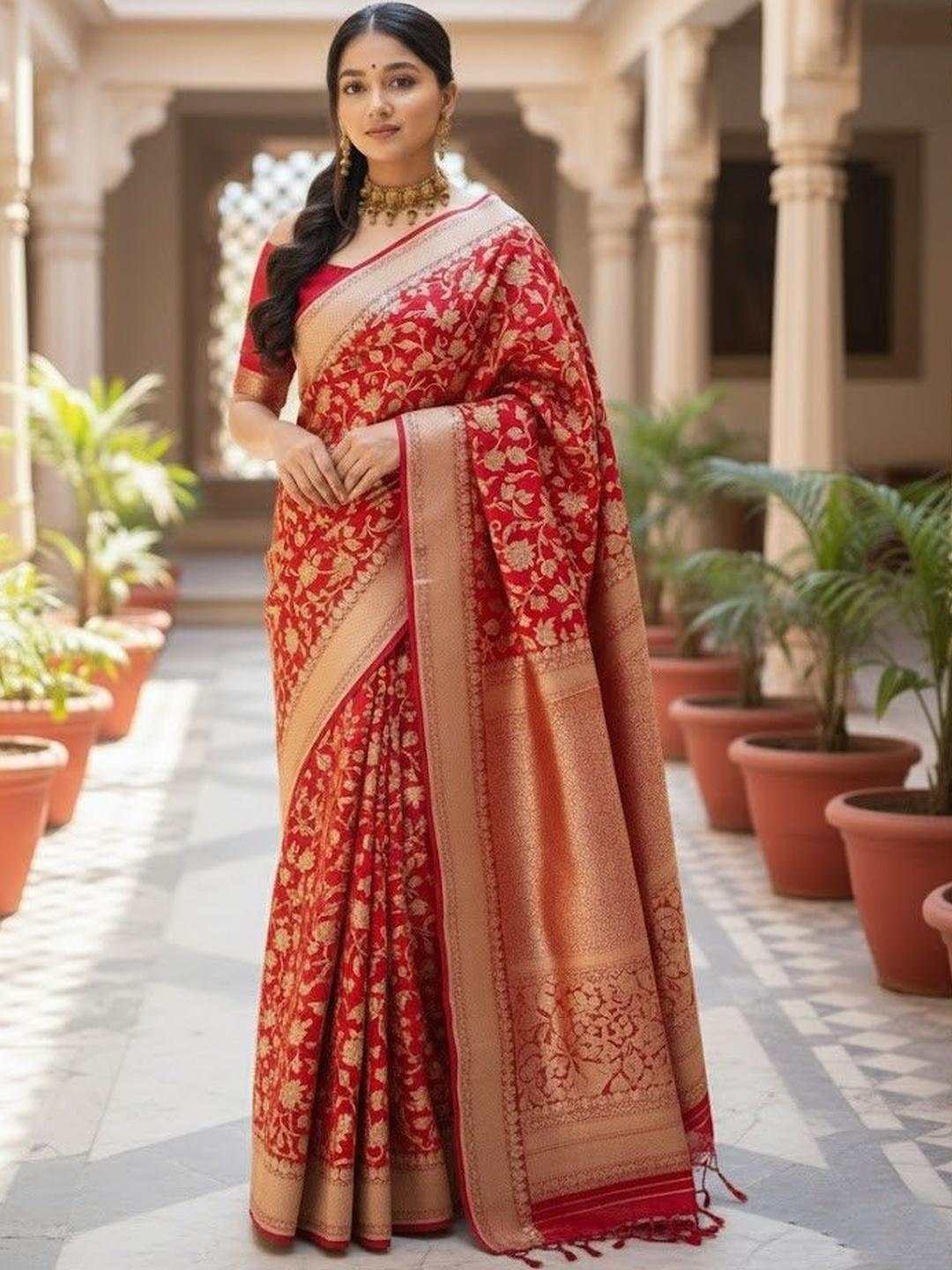 Buy Bindi Fashion Floral Zari Silk Blend Handloom Banarasi Saree ...