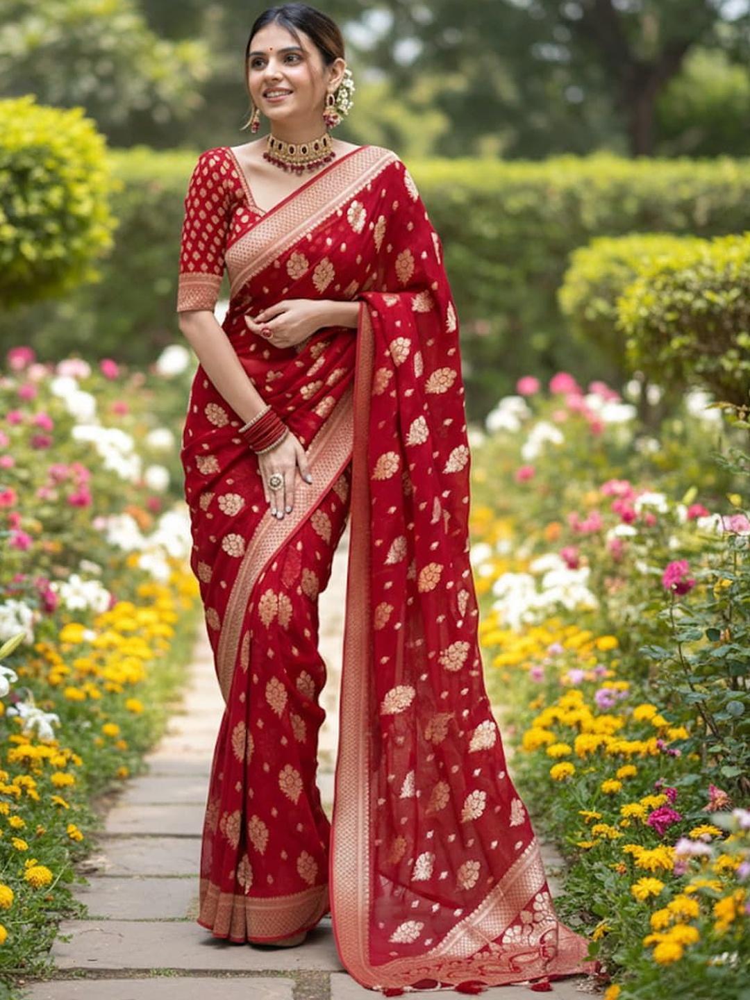 Buy Bindi Fashion Ethnic Motifs Zari Silk Blend Handloom Banarasi Saree ...