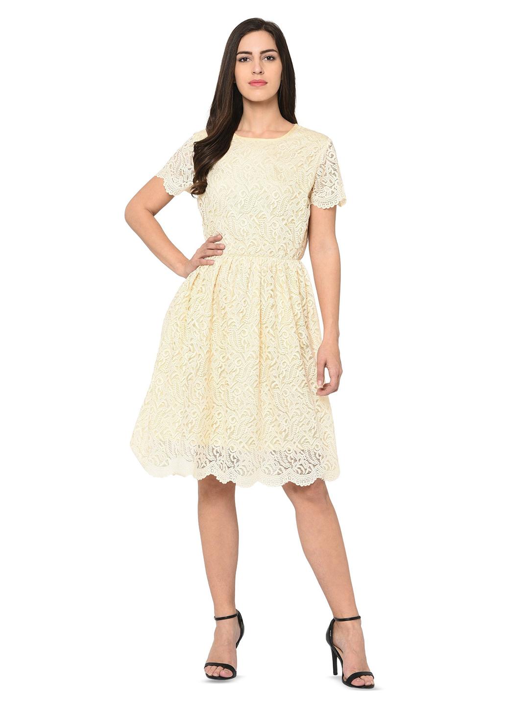 Buy Sash Self Design Lace Inserts Round Neck Short Sleeves Fit & Flare ...