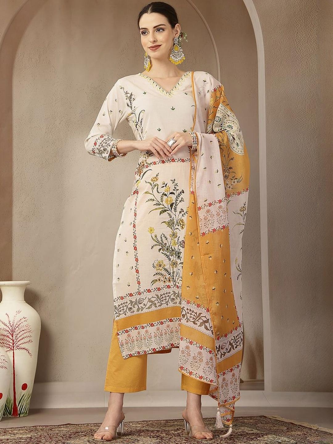 Buy Yufta Women Floral Printed Regular Hand Work Pure Cotton Kurta ...