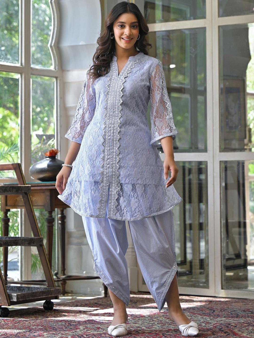 Buy AARAAS Embroidered Mandarin Collar Pure Cotton A Line Kurta With ...