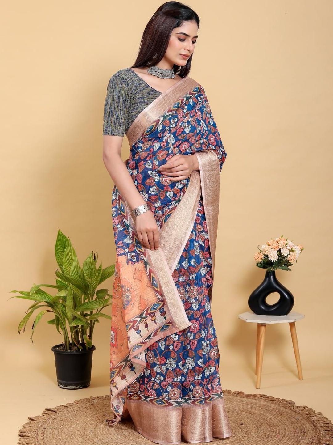 Buy GOHILL ENTERPRISE Floral Pure Linen Handloom Saree - Sarees for ...