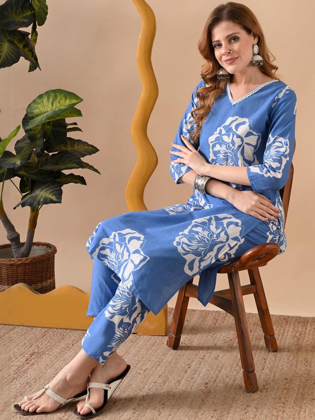 Buy KJFAB Women Floral Printed Regular Pure Cotton Kurta With Trousers ...