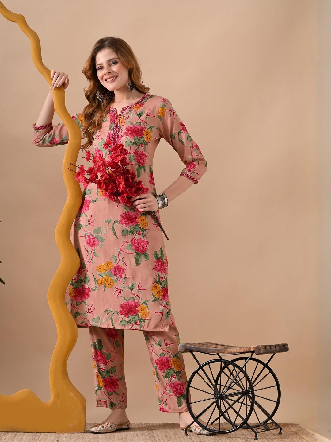 Buy KJFAB Women Floral Printed Regular Thread Work Pure Cotton Kurta ...
