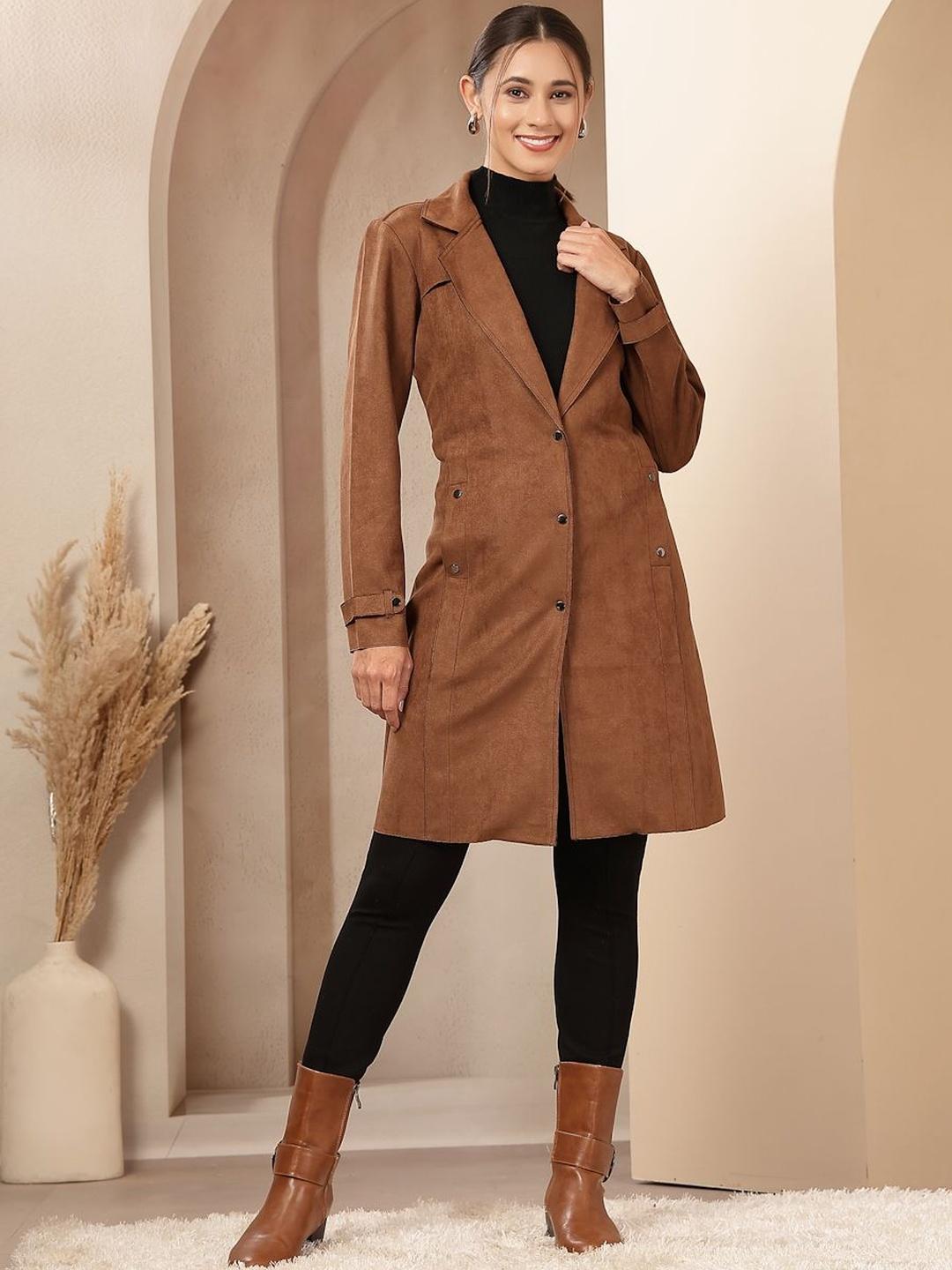 Buy Nayam By Lakshita Women Suede Long Coat With Button Placket And Tab ...