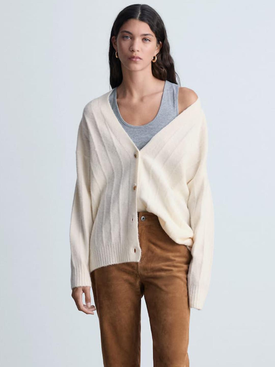 Buy MANGO Self Striped Cardigan With Fuzzy Detail - Sweaters for Women ...